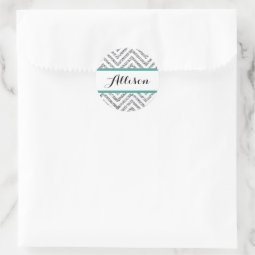 Chevron Glitter Circle Sticker Name Label Teal | Zazzle