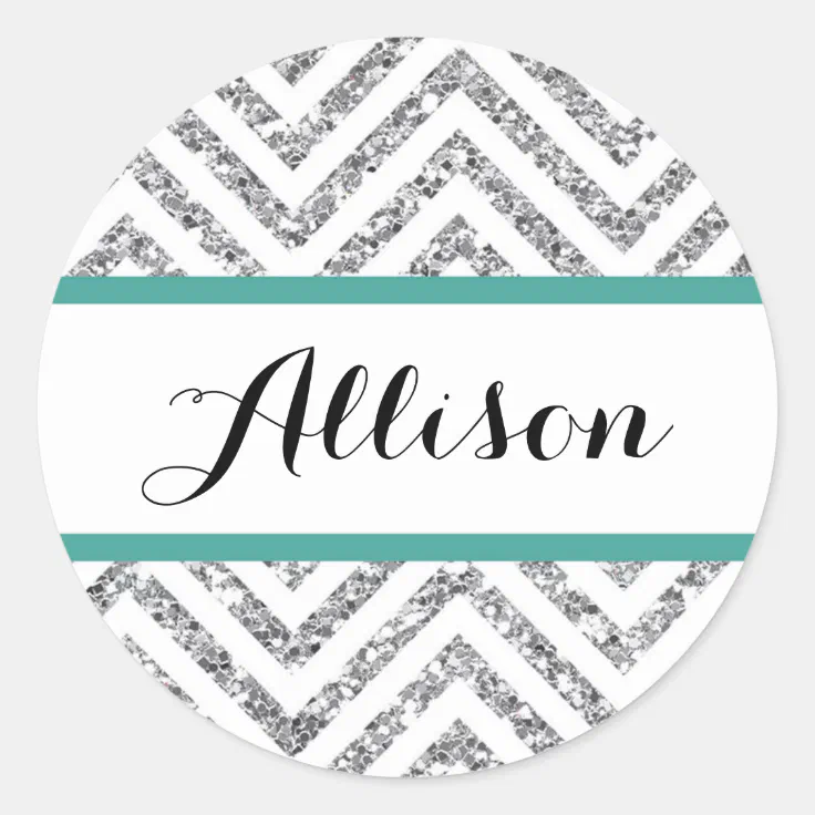 Chevron Glitter Circle Sticker Name Label Teal | Zazzle