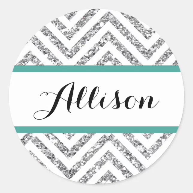 Chevron Glitter Circle Sticker Name Label Teal | Zazzle
