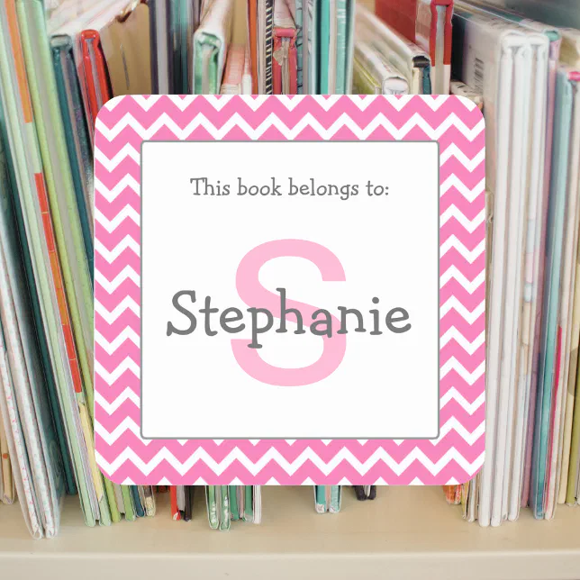 Chevron Monogram Bookplate Sticker pink and gray | Zazzle