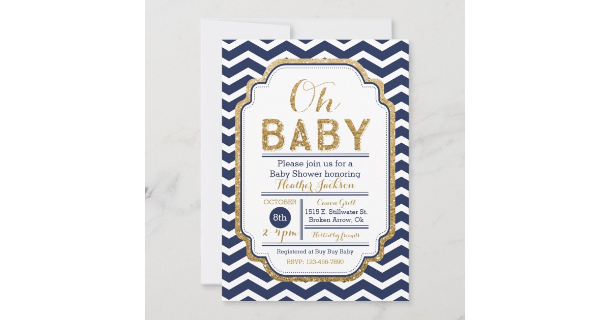 Chevron Navy And Gold Baby Shower Invitation | Zazzle
