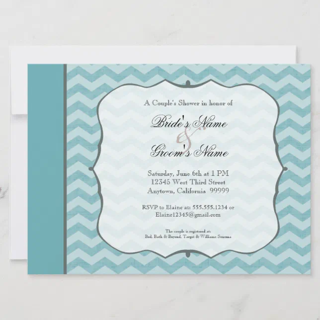 Chevron Pattern Bracket Frame Teal Couple's Shower Invitation | Zazzle