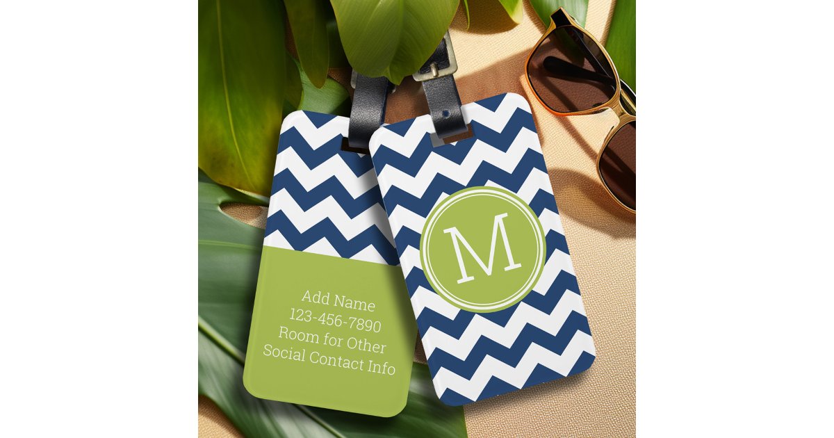 Chevron Pattern Single Monogram - Navy Lime Luggage Tag | Zazzle
