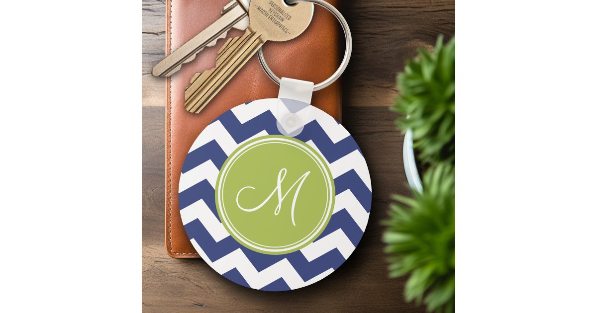 Chevron Pattern with Monogram - Navy Lime Keychain | Zazzle