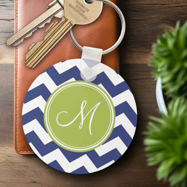 Chevron Pattern with Monogram - Navy Lime Keychain | Zazzle