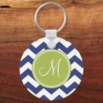 Chevron Pattern with Monogram - Navy Lime Keychain | Zazzle