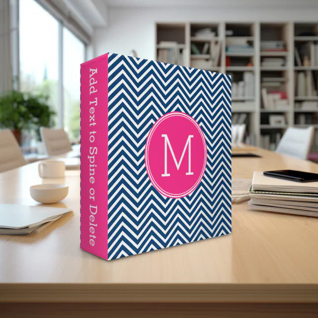 Chevron Pattern with Monogram - Navy Magenta Binder | Zazzle