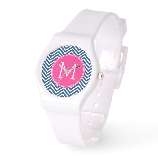 Chevron Pattern with Monogram - Navy Magenta Watch | Zazzle