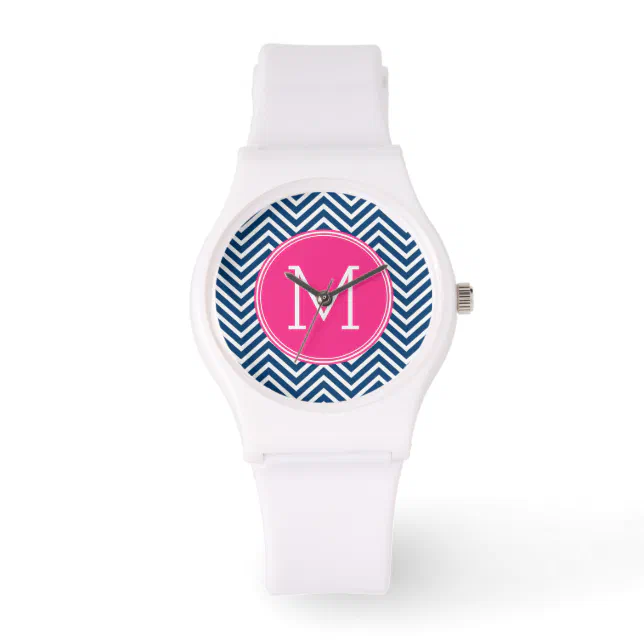 Chevron Pattern with Monogram - Navy Magenta Watch | Zazzle