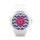 Chevron Pattern with Monogram - Navy Magenta Watch | Zazzle