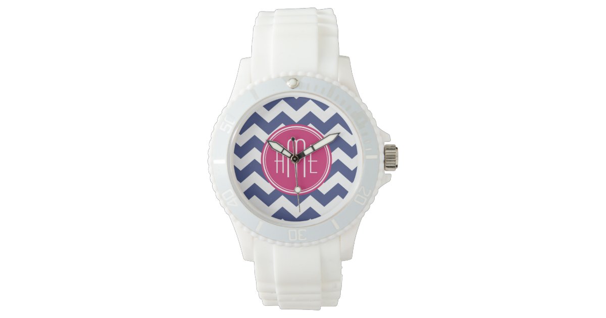 Chevron Pattern with Monogram - Navy Magenta Watch | Zazzle