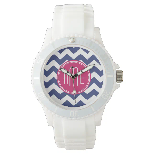 Chevron Pattern with Monogram - Navy Magenta Watch | Zazzle