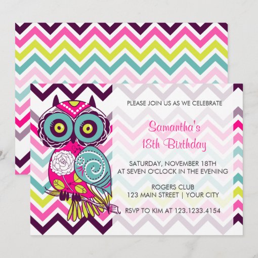Chevron Retro Groovy Owl Birthday Party Invitation | Zazzle
