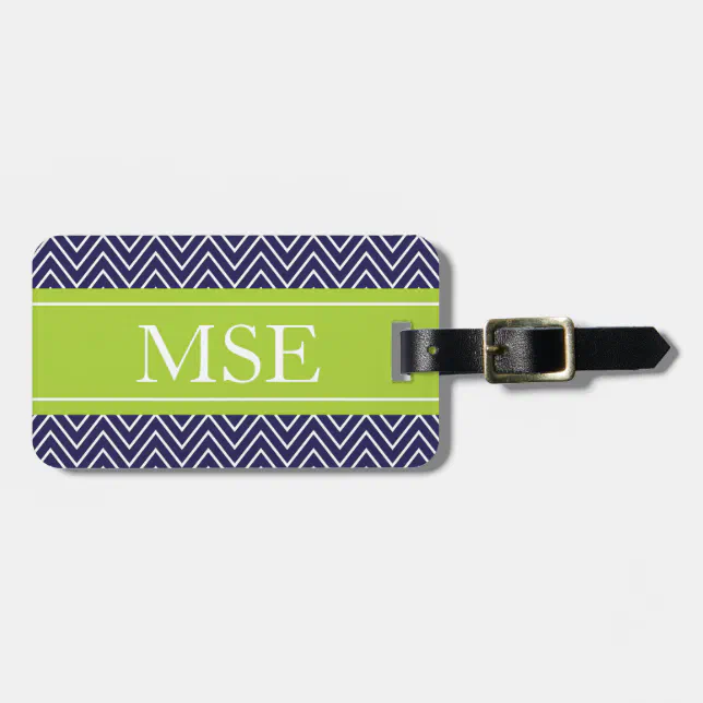 Chevron Stripes Personalized Monogram Navy Lime Luggage Tag | Zazzle