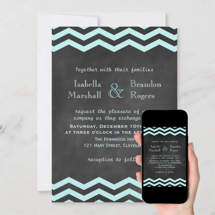 Chevron Turquoise Chalkboard Wedding Invitation | Zazzle