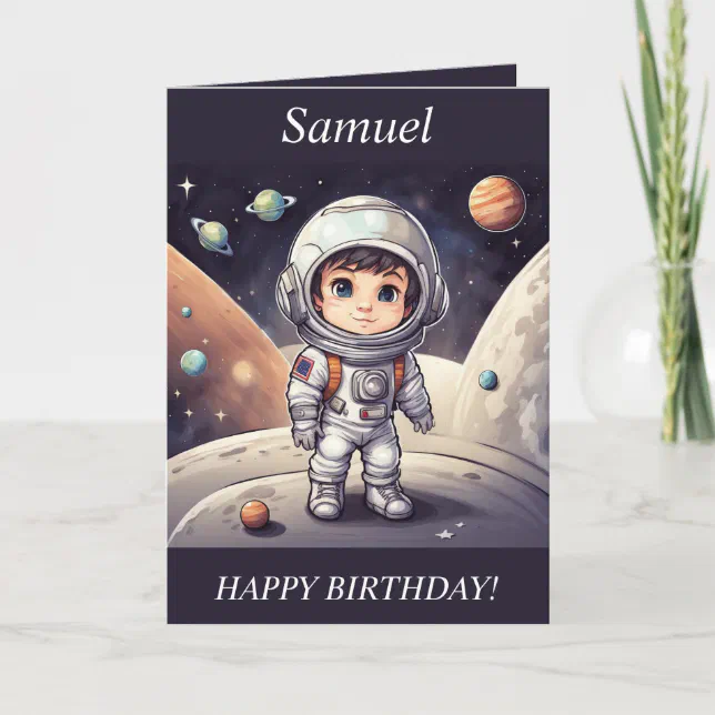 Chibi Boy Astronaut Outer Space Birthday Card | Zazzle