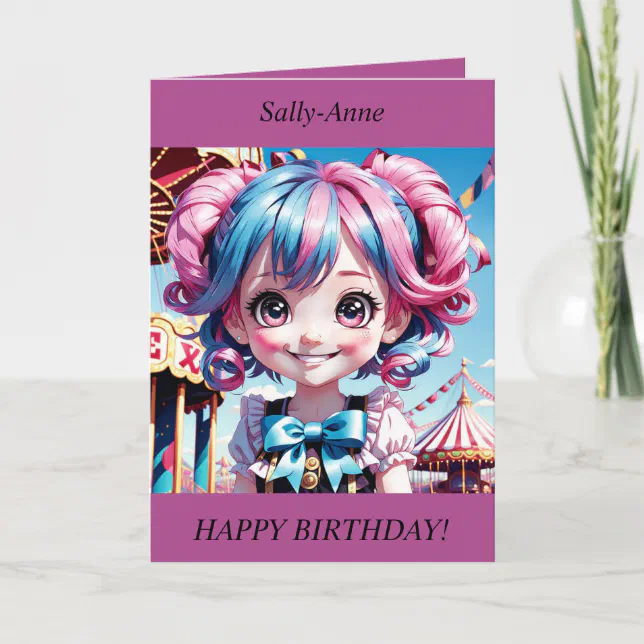 Chibi Girl pink/blue hair smiling Birthday Card | Zazzle