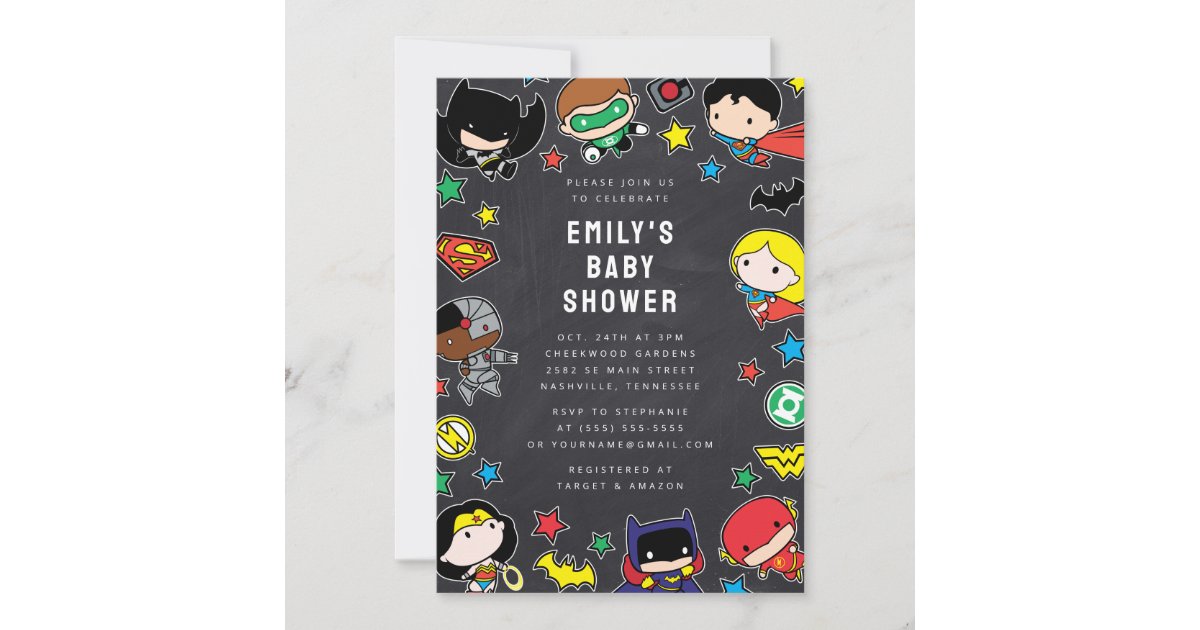Chibi Justice League Chalkboard Baby Shower Invitation | Zazzle