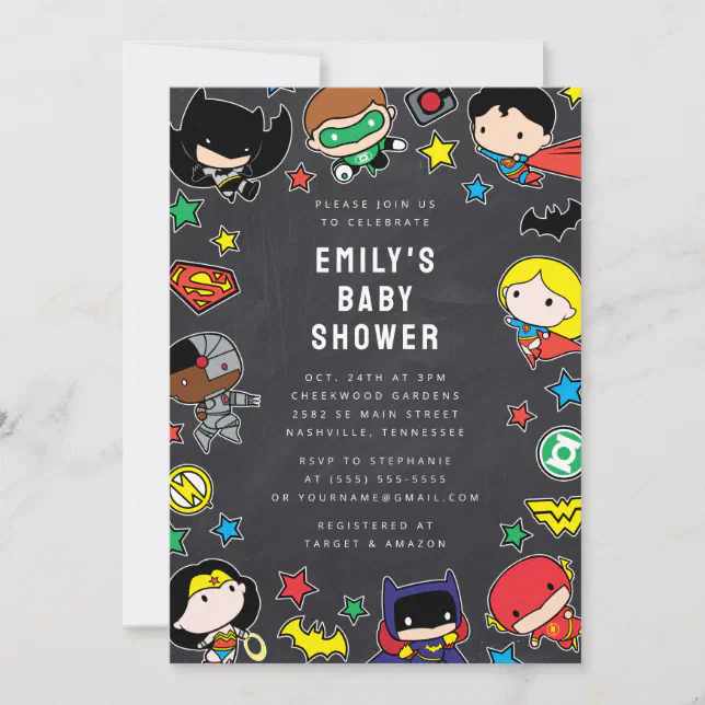 Chibi Justice League Chalkboard Baby Shower Invitation | Zazzle