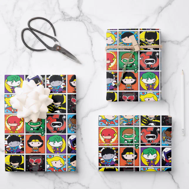 Chibi Justice League Character Pattern Wrapping Paper Sheets | Zazzle