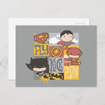Chibi Justice League | Fly, Kick, Run Postcard | Zazzle