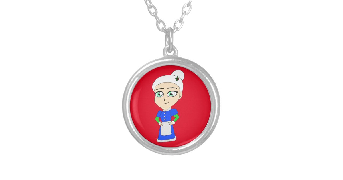 Chibi Mrs. Claus blue suit Silver Plated Necklace | Zazzle