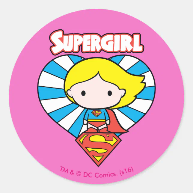 Chibi Supergirl Starburst Heart and Logo Classic Round Sticker | Zazzle