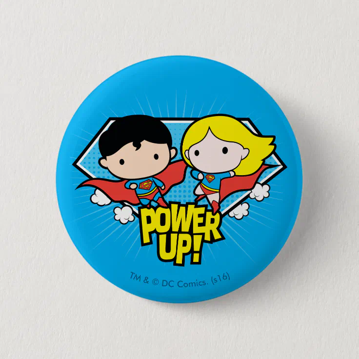 Chibi Superman & Chibi Supergirl Power Up! Pinback Button | Zazzle