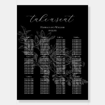 Chic 12 Table Black Script Floral Seating Chart Foam Board | Zazzle
