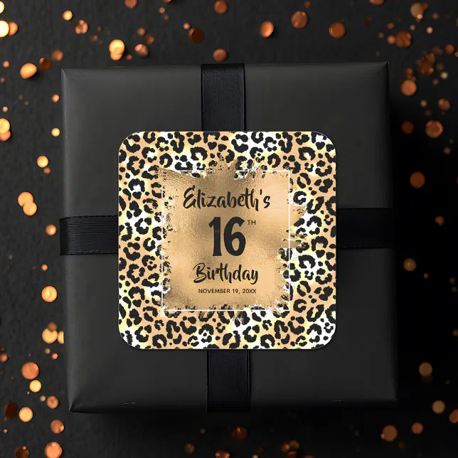 Chic 16th Birthday Leopard Pattern Square Sticker | Zazzle