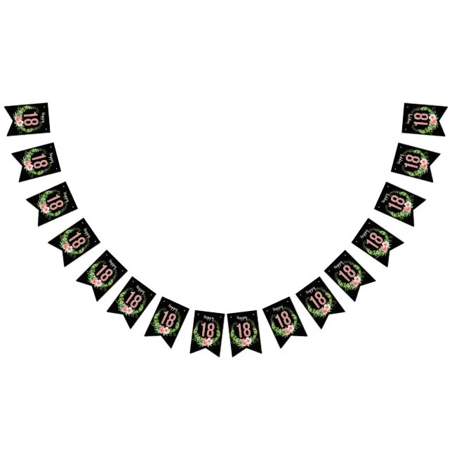 Chic 18th Birthday Rose Gold Glitter Black Floral Bunting Flags | Zazzle