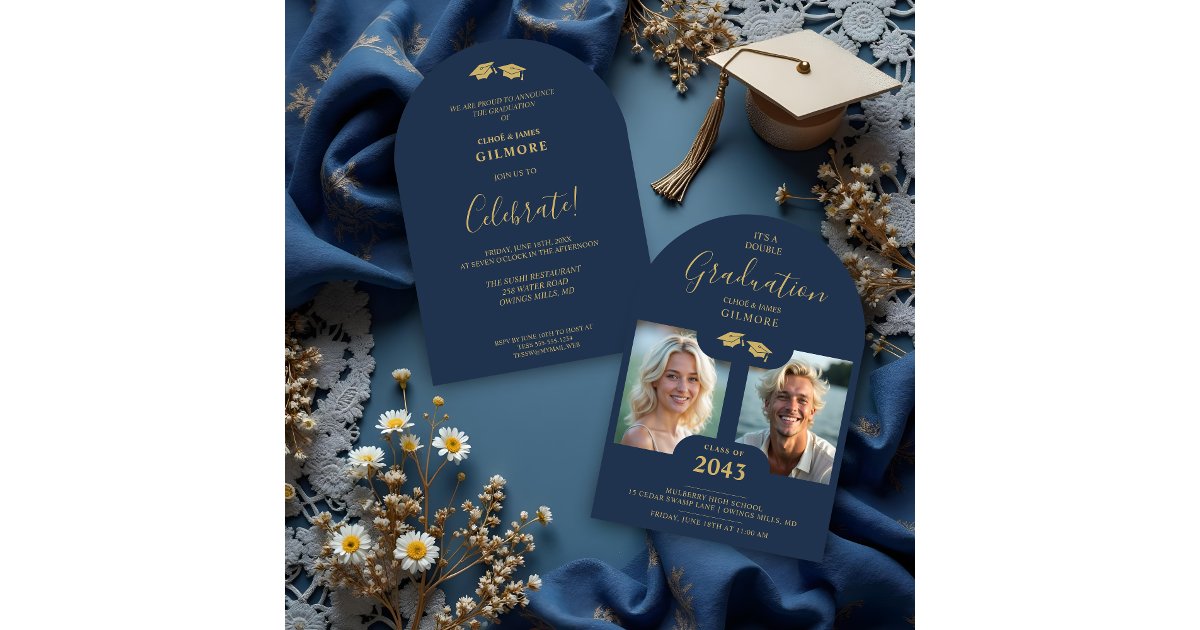 Chic 2-Photo Twins Graduation Faux Golden Blue Invitation | Zazzle