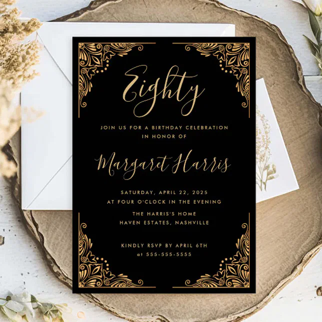 Chic 80th Eighty Gold Frame Black Birthday Invitation | Zazzle