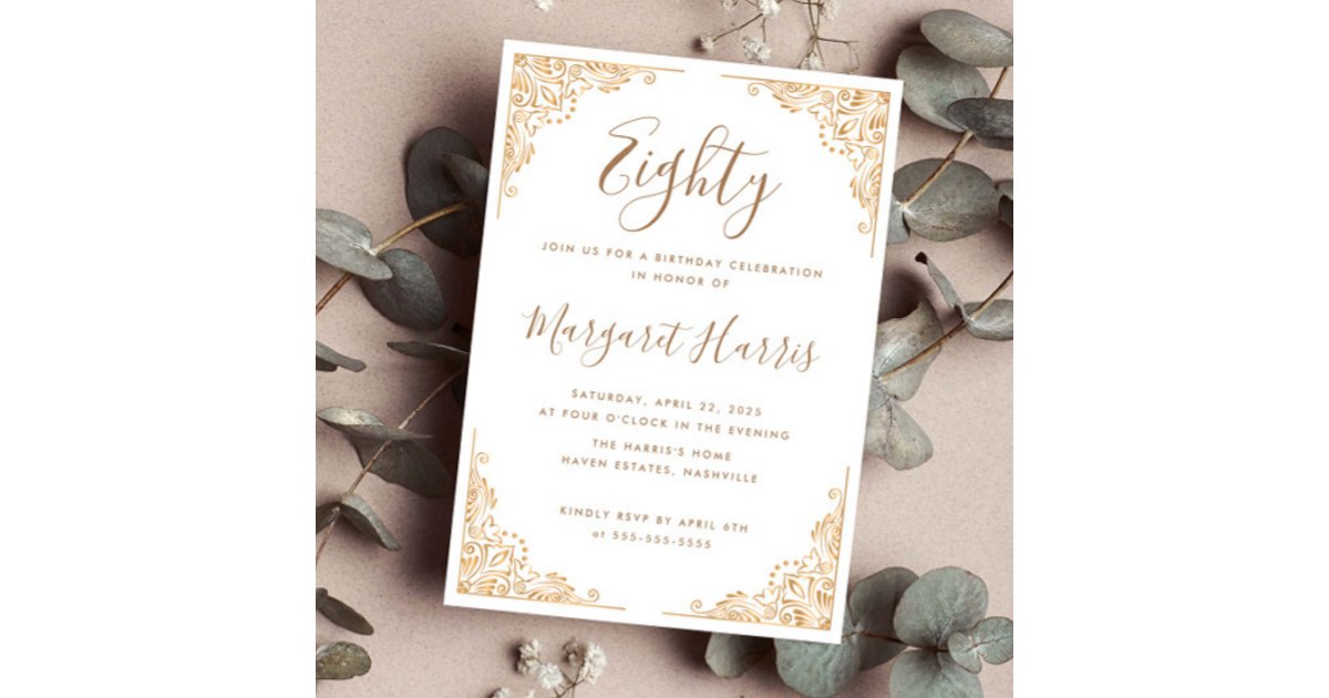 Chic 80th Eighty Gold Frame White Birthday Invitation | Zazzle