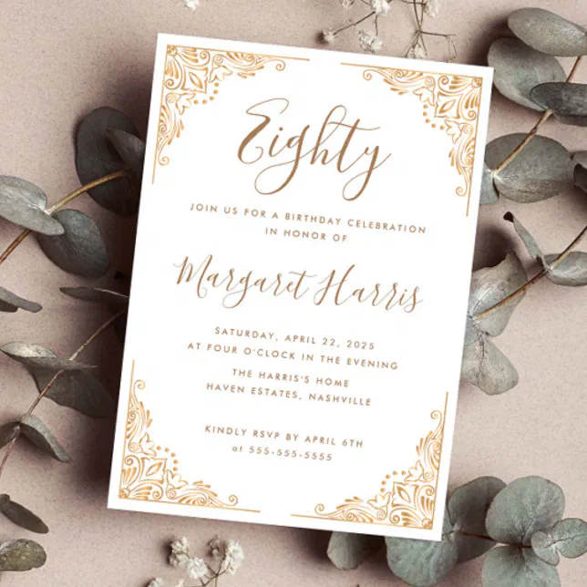 Chic 80th Eighty Gold Frame White Birthday Invitation | Zazzle