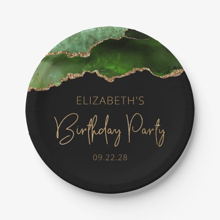 Chic Agate Geode Hunter Green Gold Birthday Party Paper Plates | Zazzle