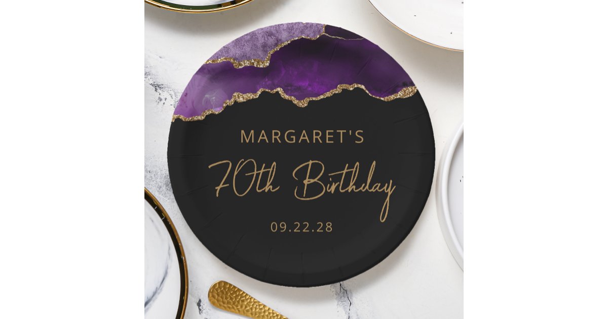Chic Agate Purple Gold 70th Birthday Party Paper Plates | Zazzle