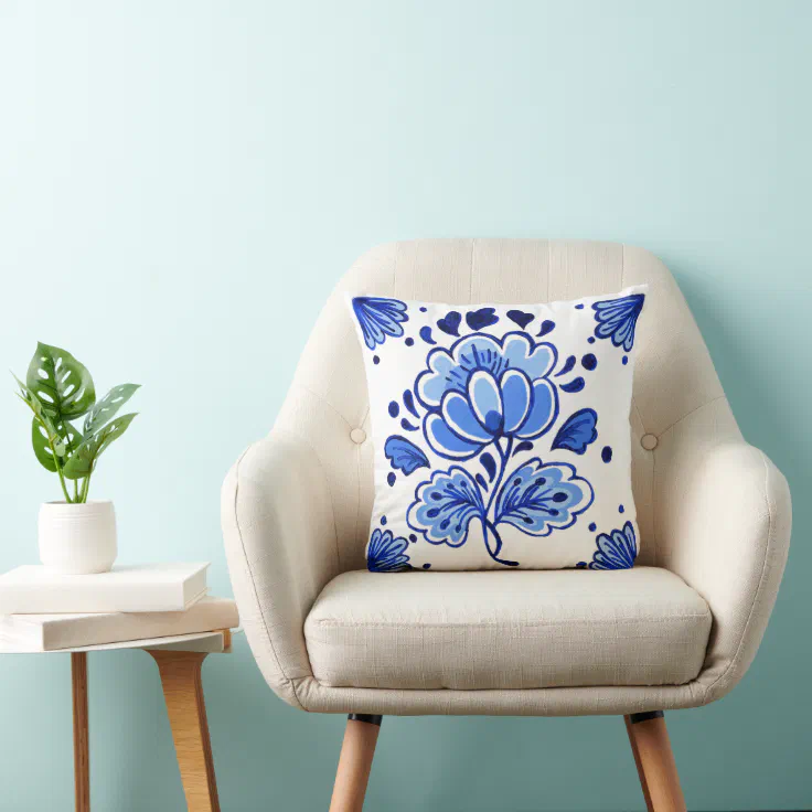 Chic Antique Dutch Delft Blue Flowers Pattern Throw Pillow | Zazzle