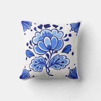 Chic Antique Dutch Delft Blue Flowers Pattern Throw Pillow | Zazzle
