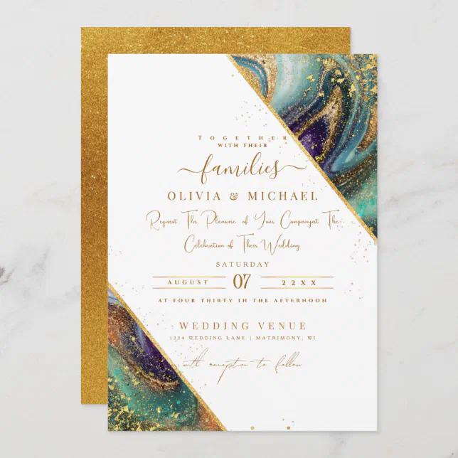 CHIC AQUA DUSKY GOLD FOIL ABSTRACT AGATE WEDDING INVITATION | Zazzle