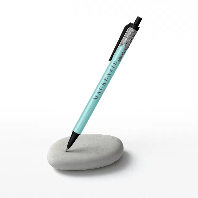 Chic Aqua Teal Silver Glitter Dripping Luxury Pen | Zazzle