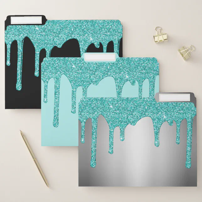 Chic Aqua Teal Turquoise Dripping Glitter File Folder | Zazzle