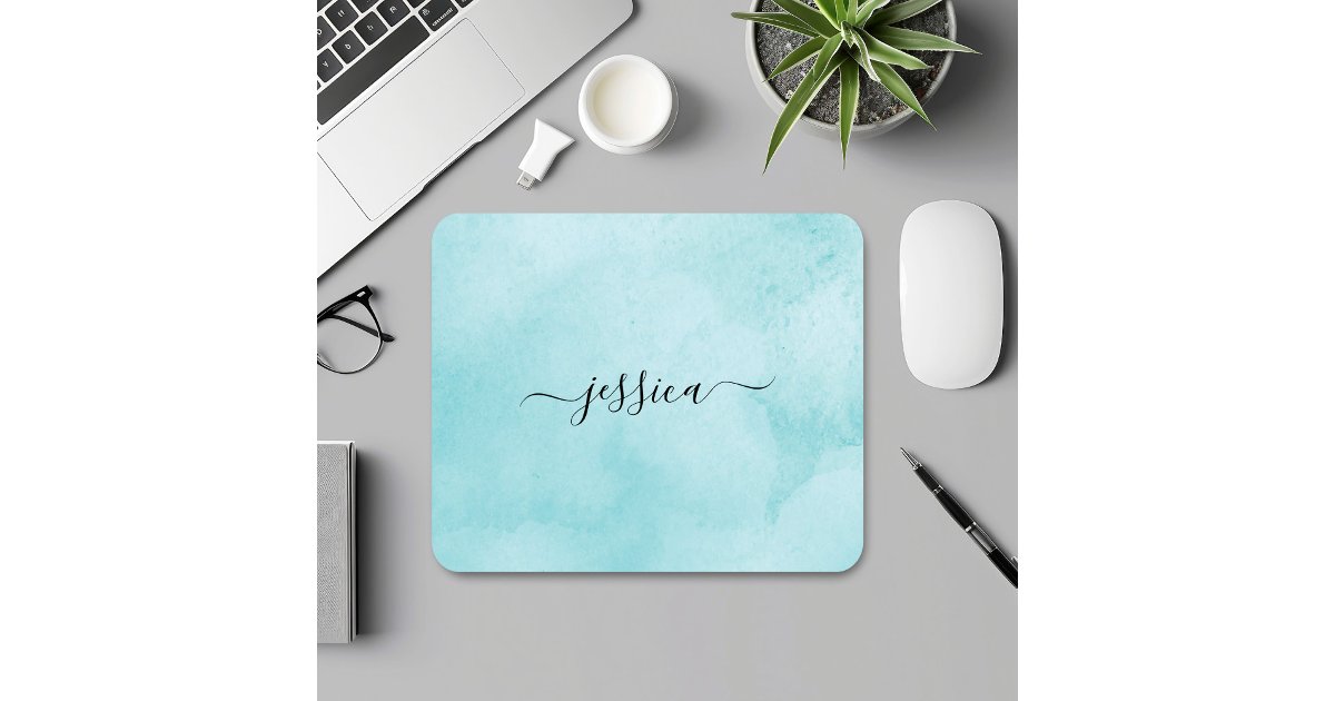 Chic Aqua Watercolor Calligraphy Script Mouse Pad | Zazzle