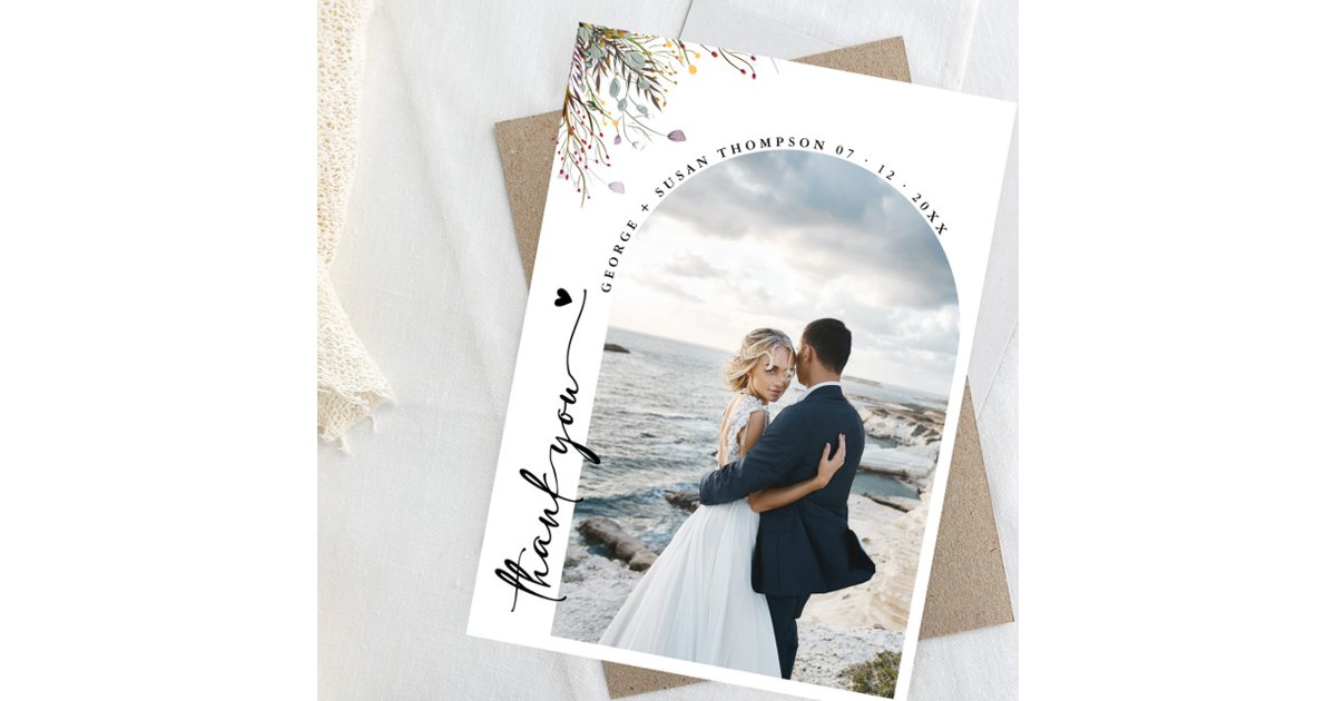 Chic Arch Boho Wedding Photo Thank You Script Invi Invitation | Zazzle