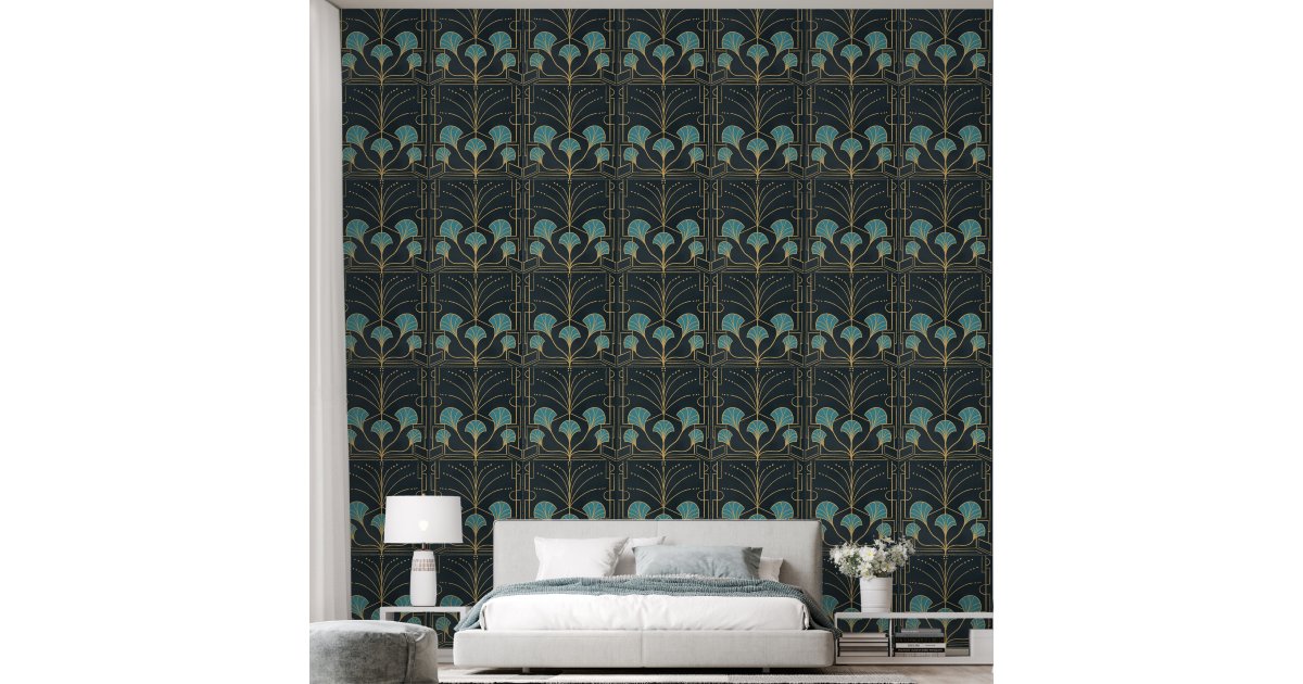 Chic Art deco fountain tile with teal blue palms Wallpaper | Zazzle