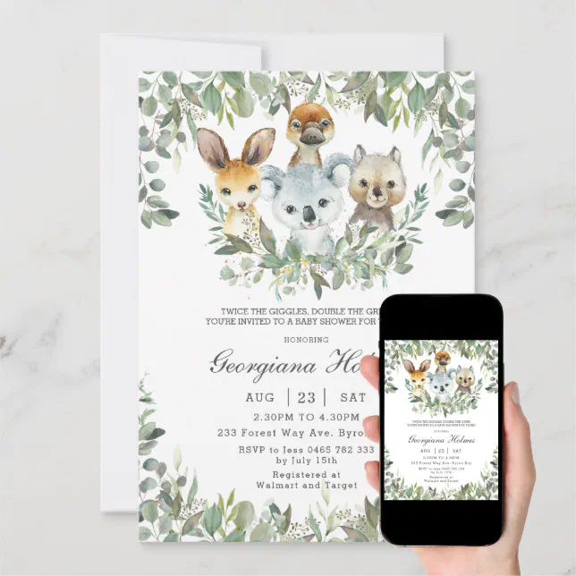 Chic Australian Animals Greenery Twins Baby Shower Invitation | Zazzle