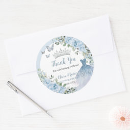 Chic Baby Blue Floral Dress Silver Quinceañera Classic Round Sticker ...