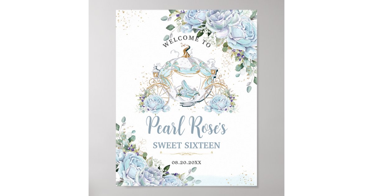 Chic Baby Blue Roses Princess Carriage Sweet 16 Poster | Zazzle