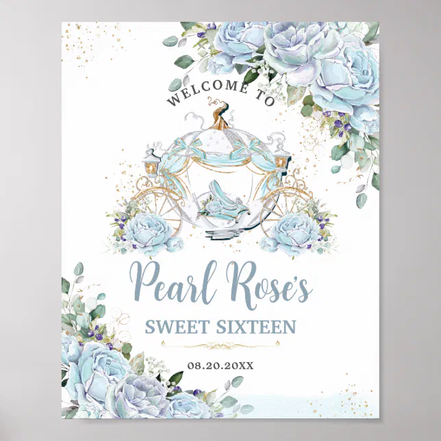 Chic Baby Blue Roses Princess Carriage Sweet 16 Poster | Zazzle