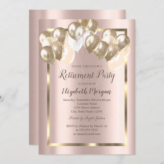 Chic Balloons,Frame,Rose Gold,Retirement Invitation | Zazzle
